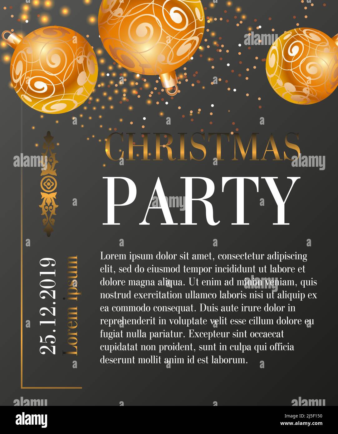 Christmas party greeting card design. Lettering, date, golden baubles ...