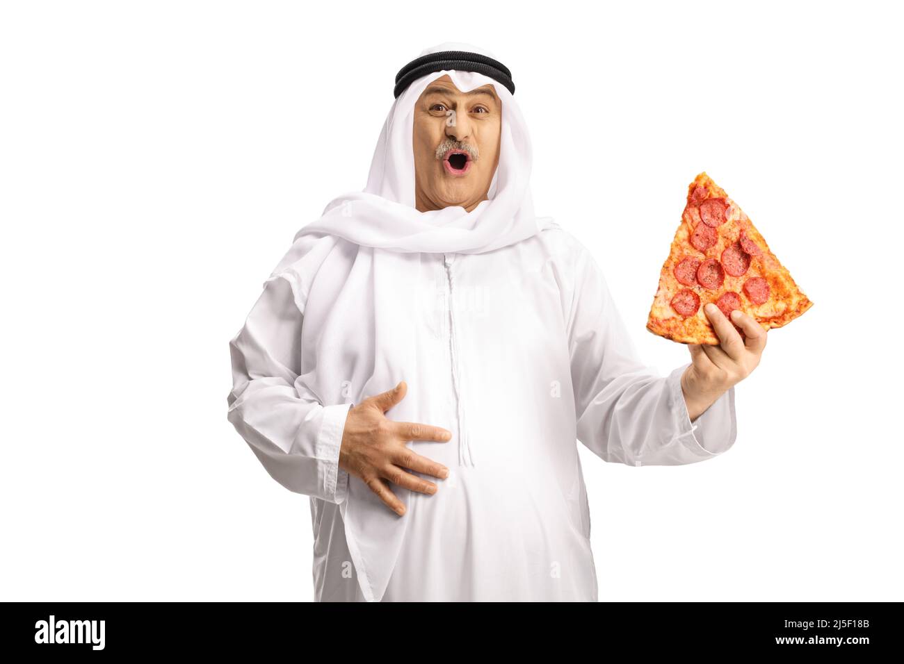 Happy arab man in ethnic clothes eating pepperoni pizza and holding his ...