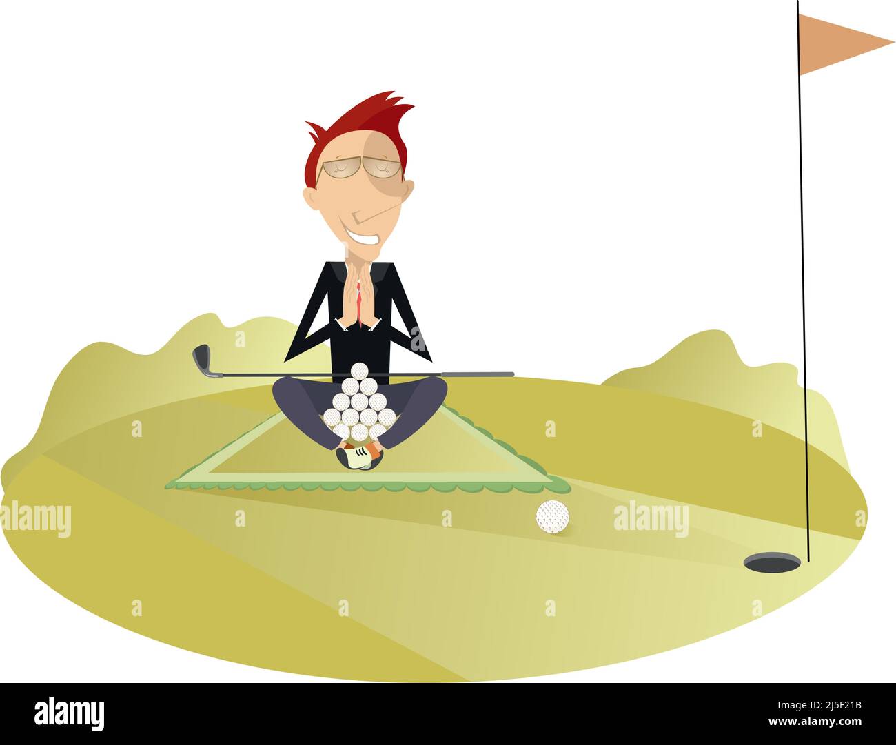 Young man sitting on the golf course. Funny young man with a golf club ...