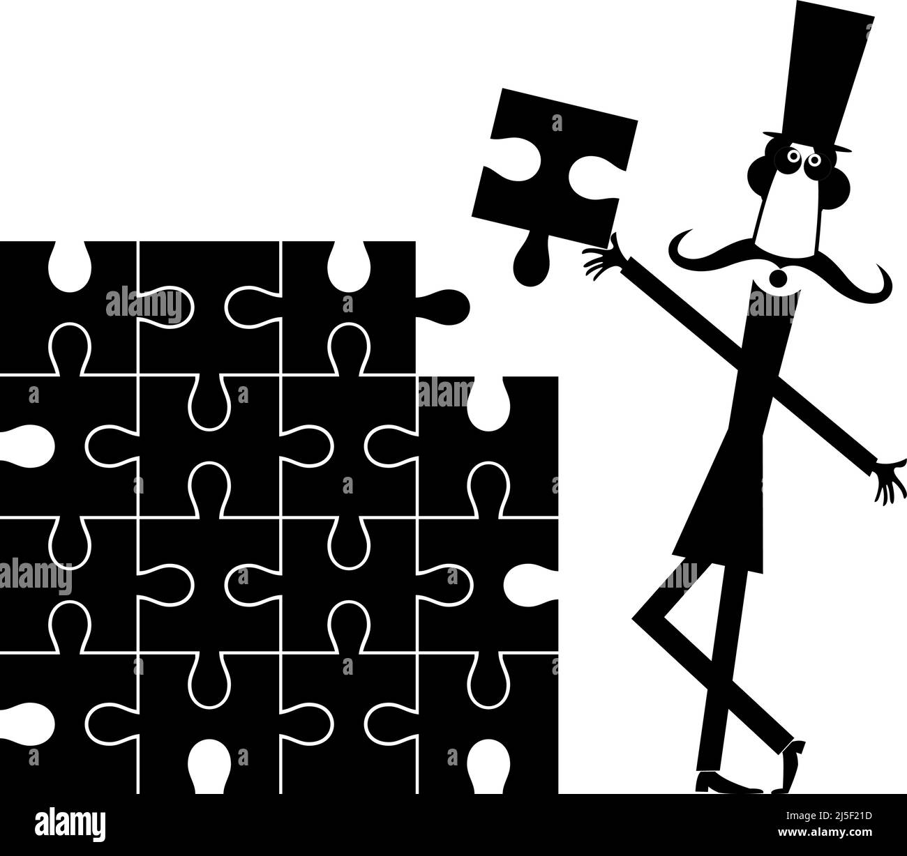 Man in the top hat solving the puzzle. Cartoon long mustache man in the ...