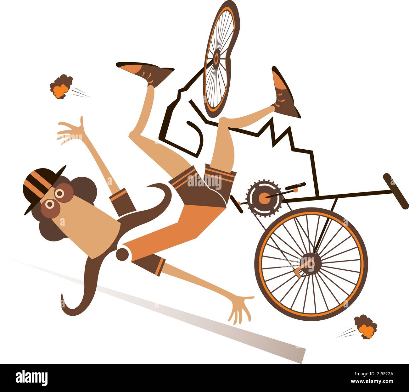 Cyclist falling down from the bicycle illustration. Funny long mustache ...
