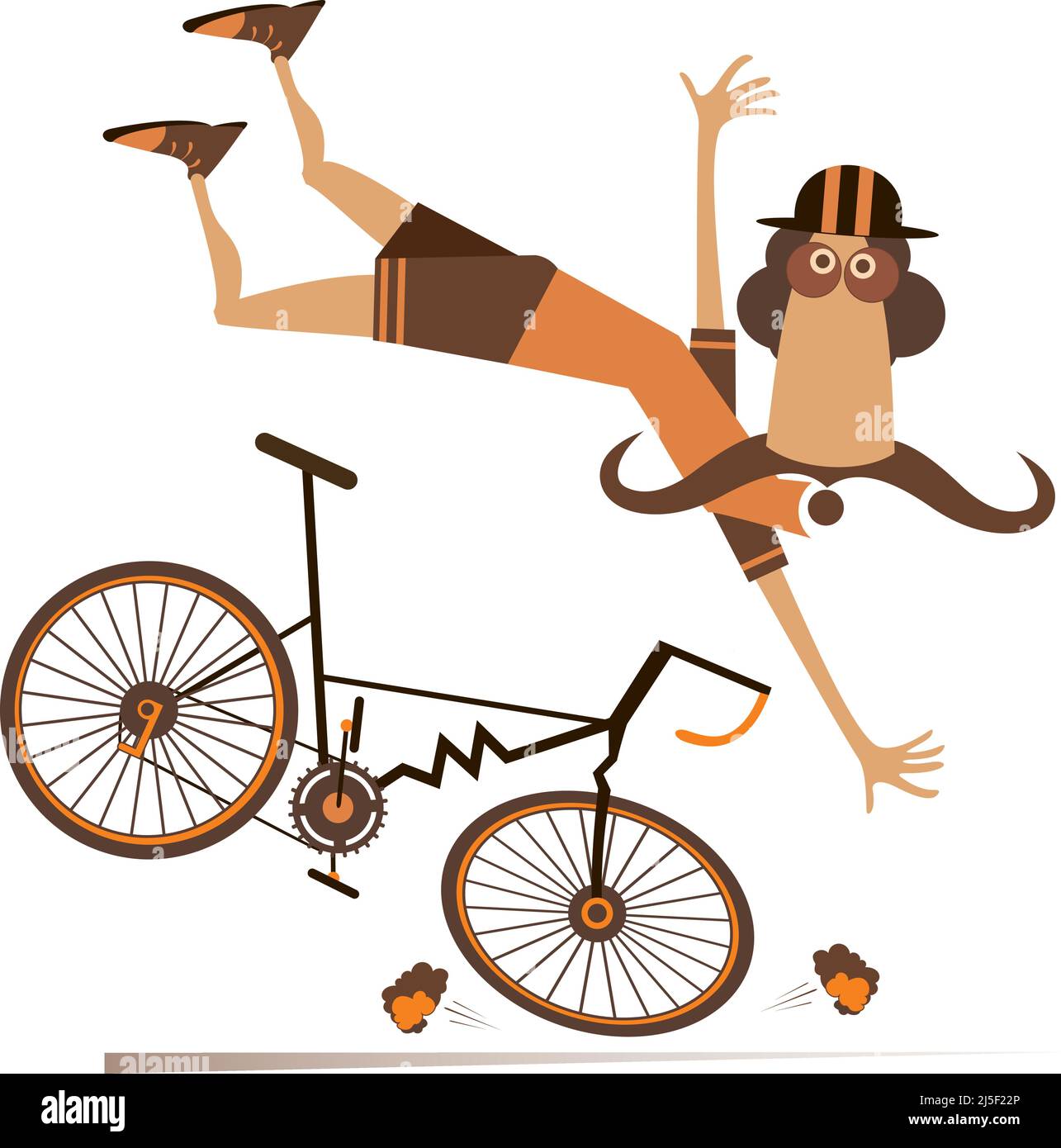 Cyclist falling down from the bicycle illustration. Funny long mustache ...