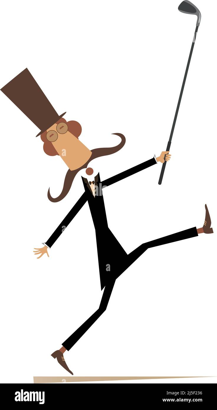 Funny long mustache man goes to play golf. Walking cartoon long ...