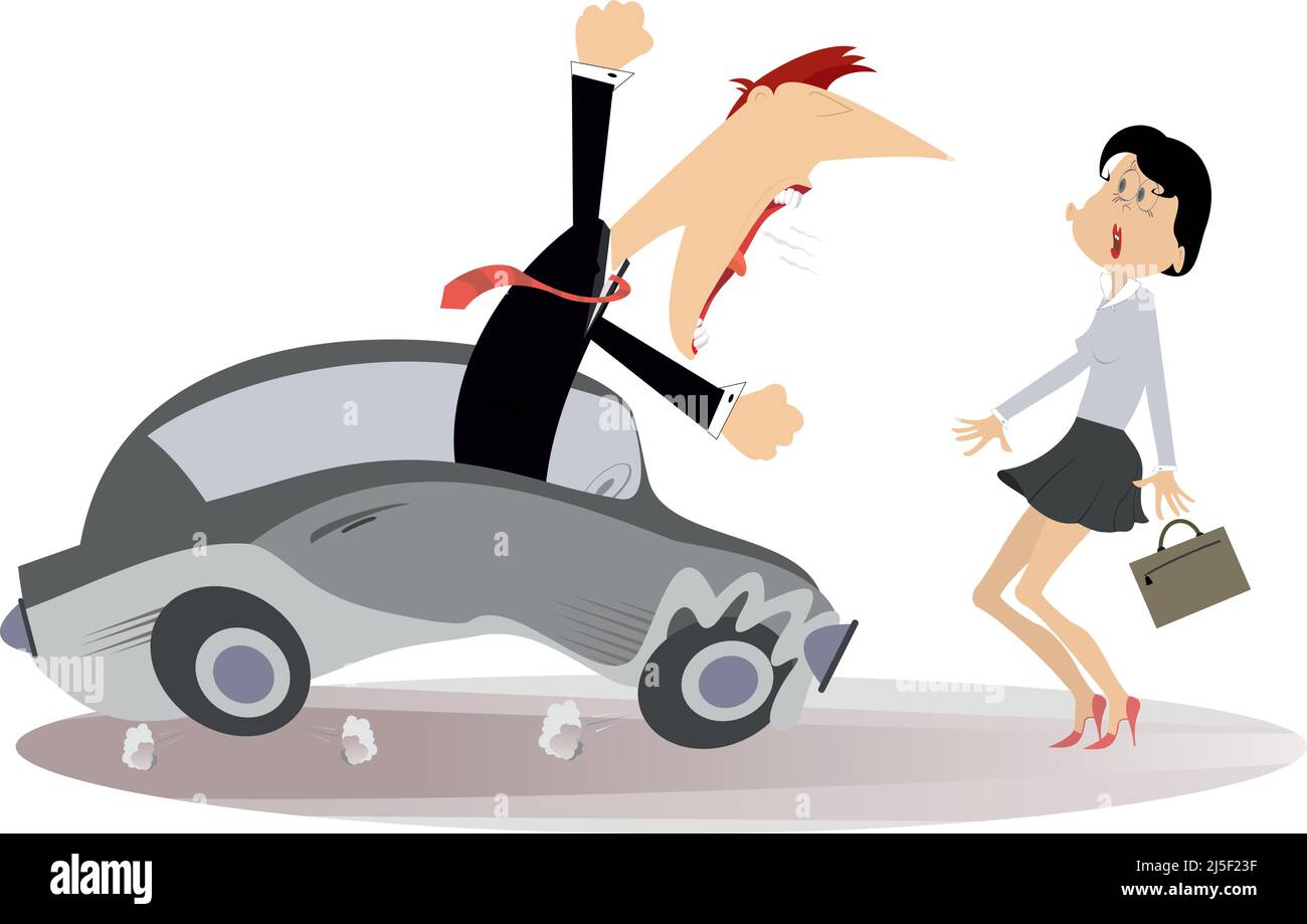 Road accident, driver man, pedestrian. Angry driver man swings his ...