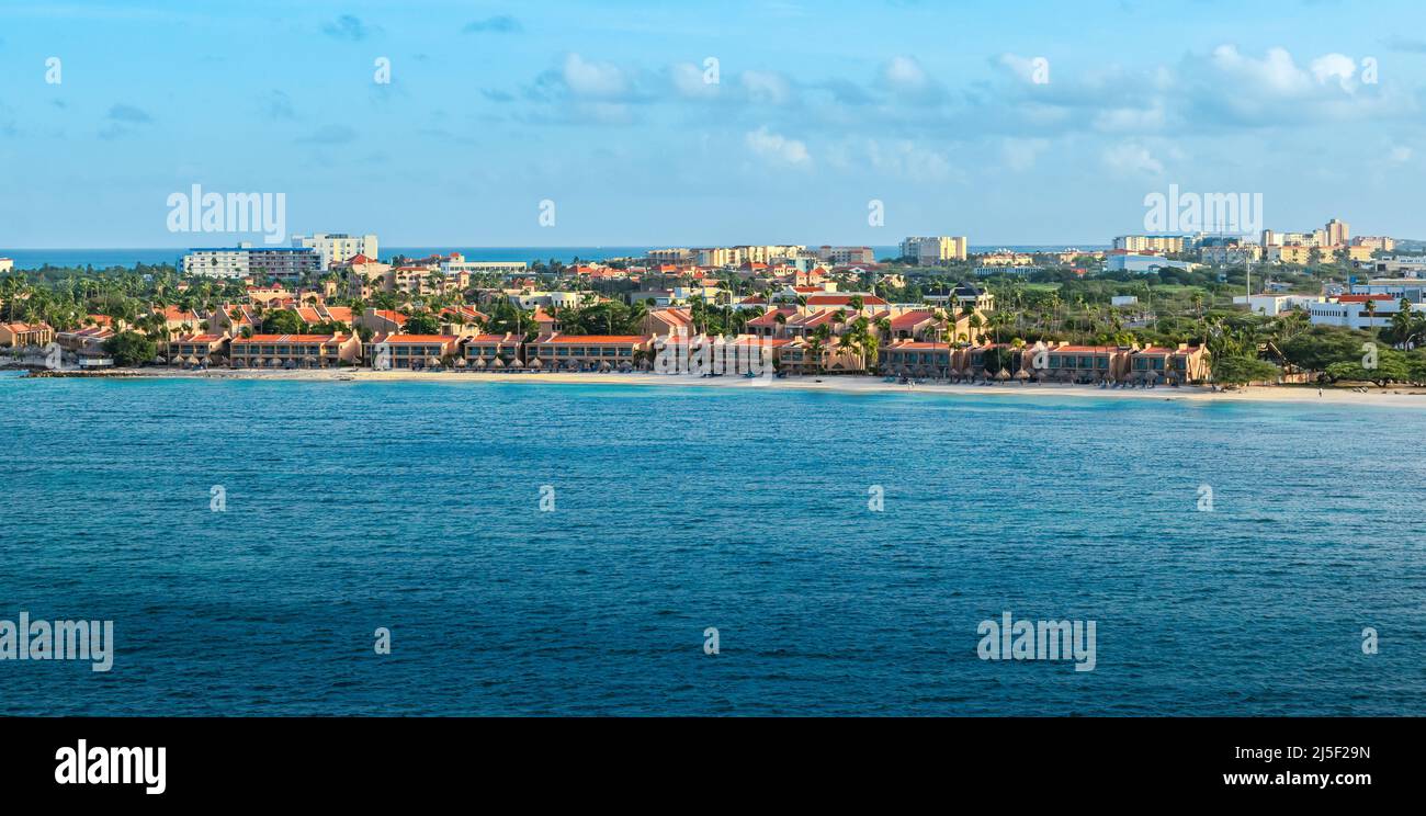 Panoramic landscape with beach and village in Oranjestad, Aruba Island ...