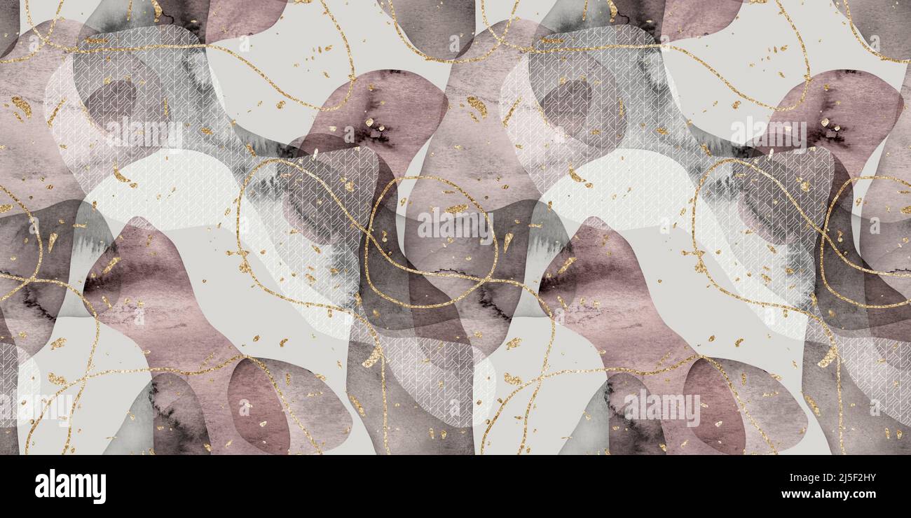 Seamless watercolor abstract organic blob shape overlay with gold lines ...
