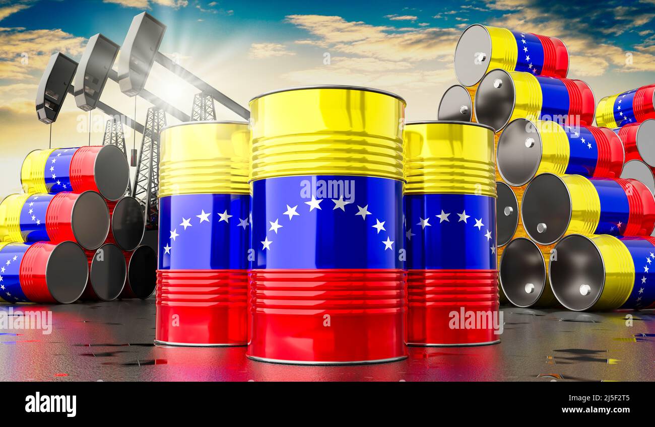 Oil barrels with flag of Venezuela and oil extraction wells - 3D ...
