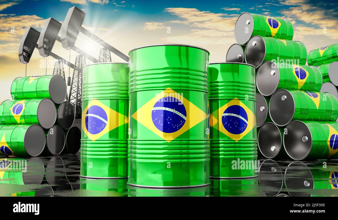 Oil barrels with flag of Brazil and oil extraction wells - 3D ...