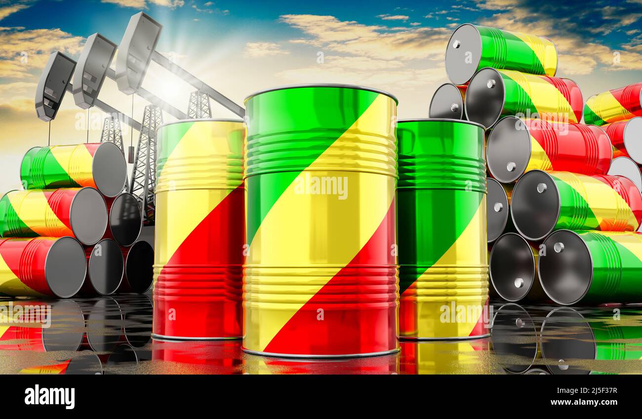 Oil barrels with flag of Congo and oil extraction wells - 3D ...