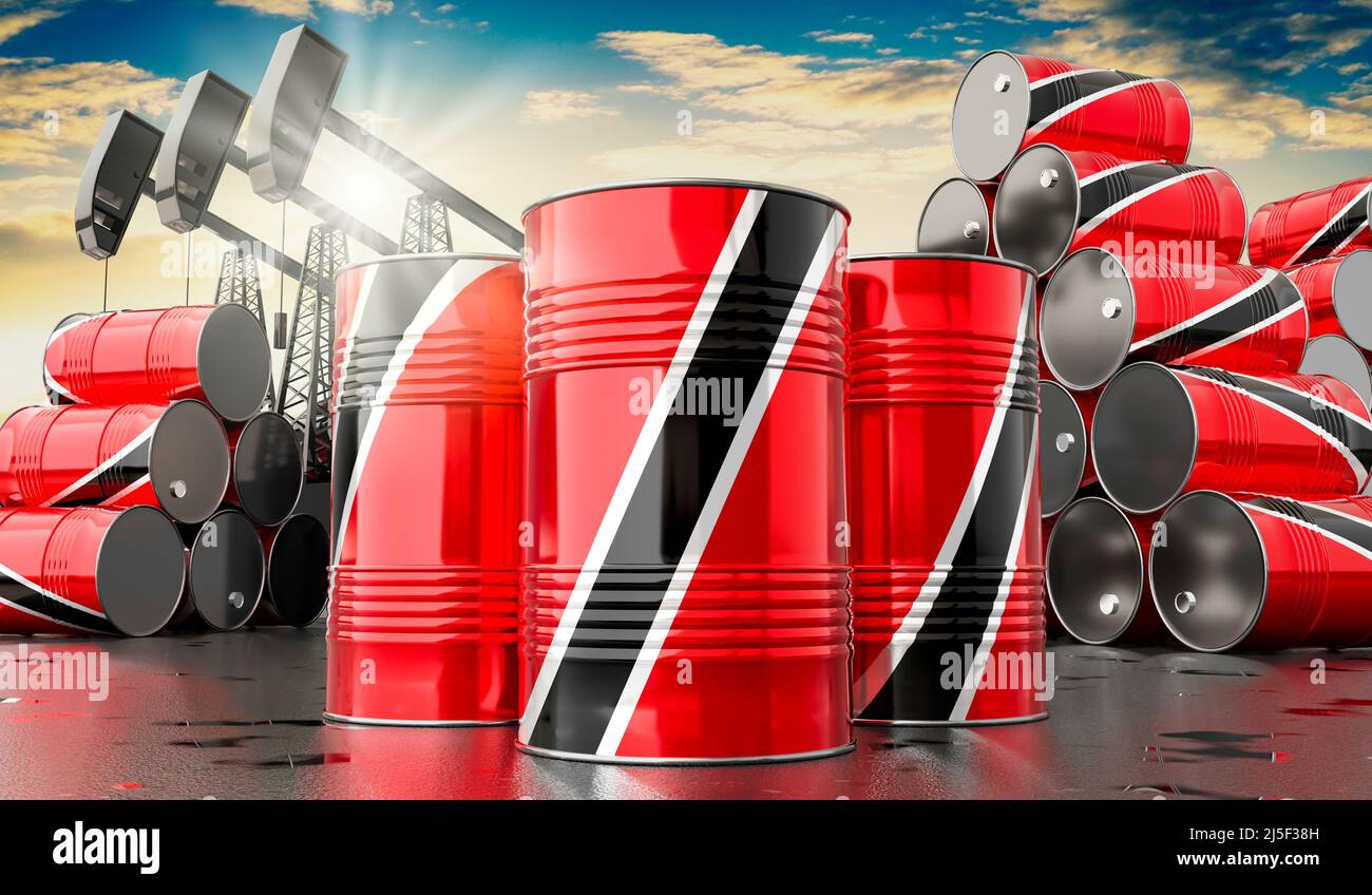 Oil barrels with flag of Trinidad and Tobago and oil extraction wells ...