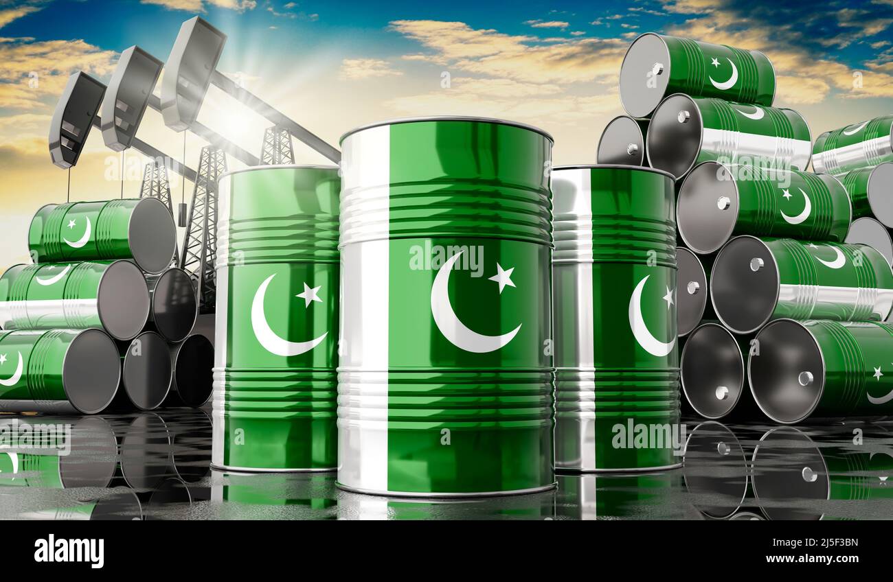 Oil barrels with flag of Pakistan and oil extraction wells - 3D ...