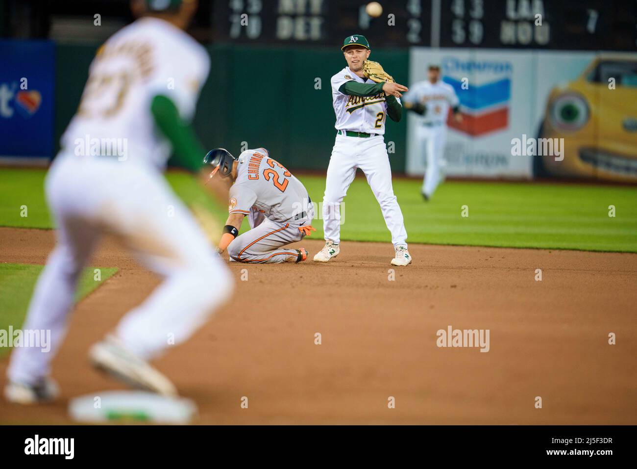 Oakland Athletics second baseman Nick Allen (2) attempts so complete ...