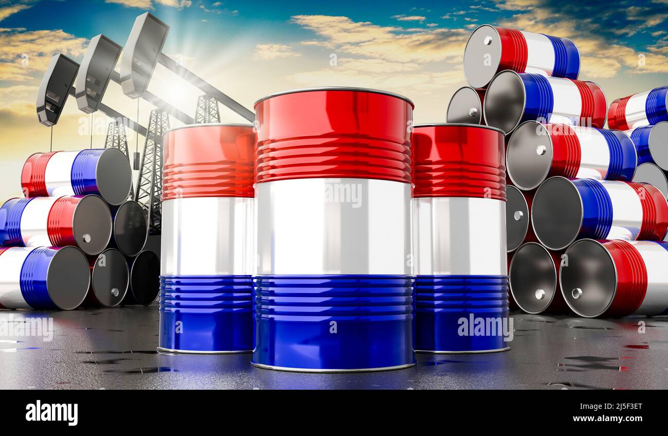 Oil barrels with flag of Netherlands and oil extraction wells - 3D ...