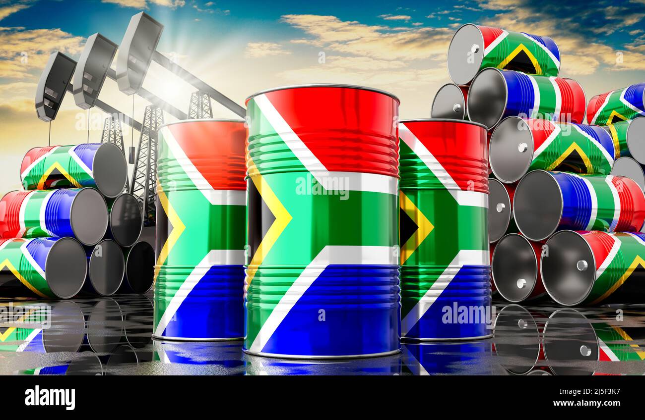Oil barrels with flag of South Africa and oil extraction wells - 3D ...