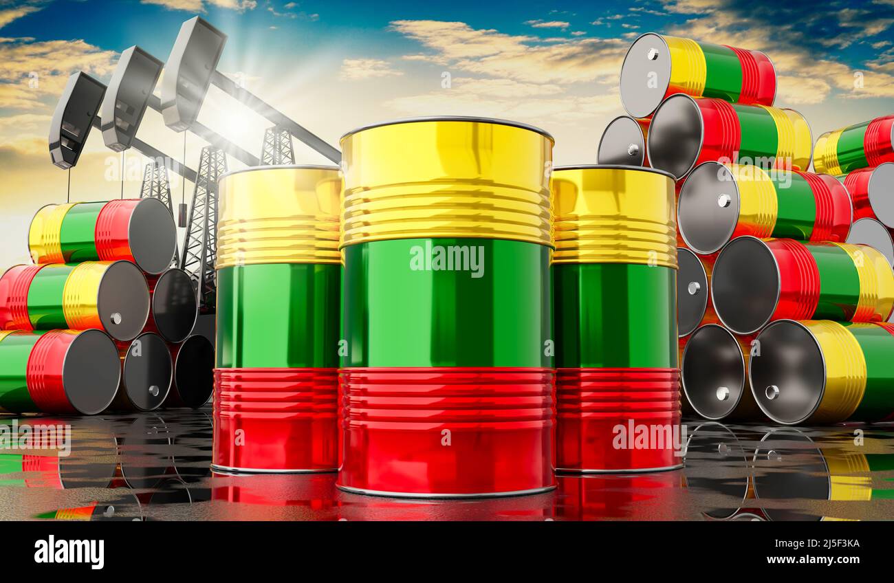 Oil barrels with flag of Lithuania and oil extraction wells - 3D ...