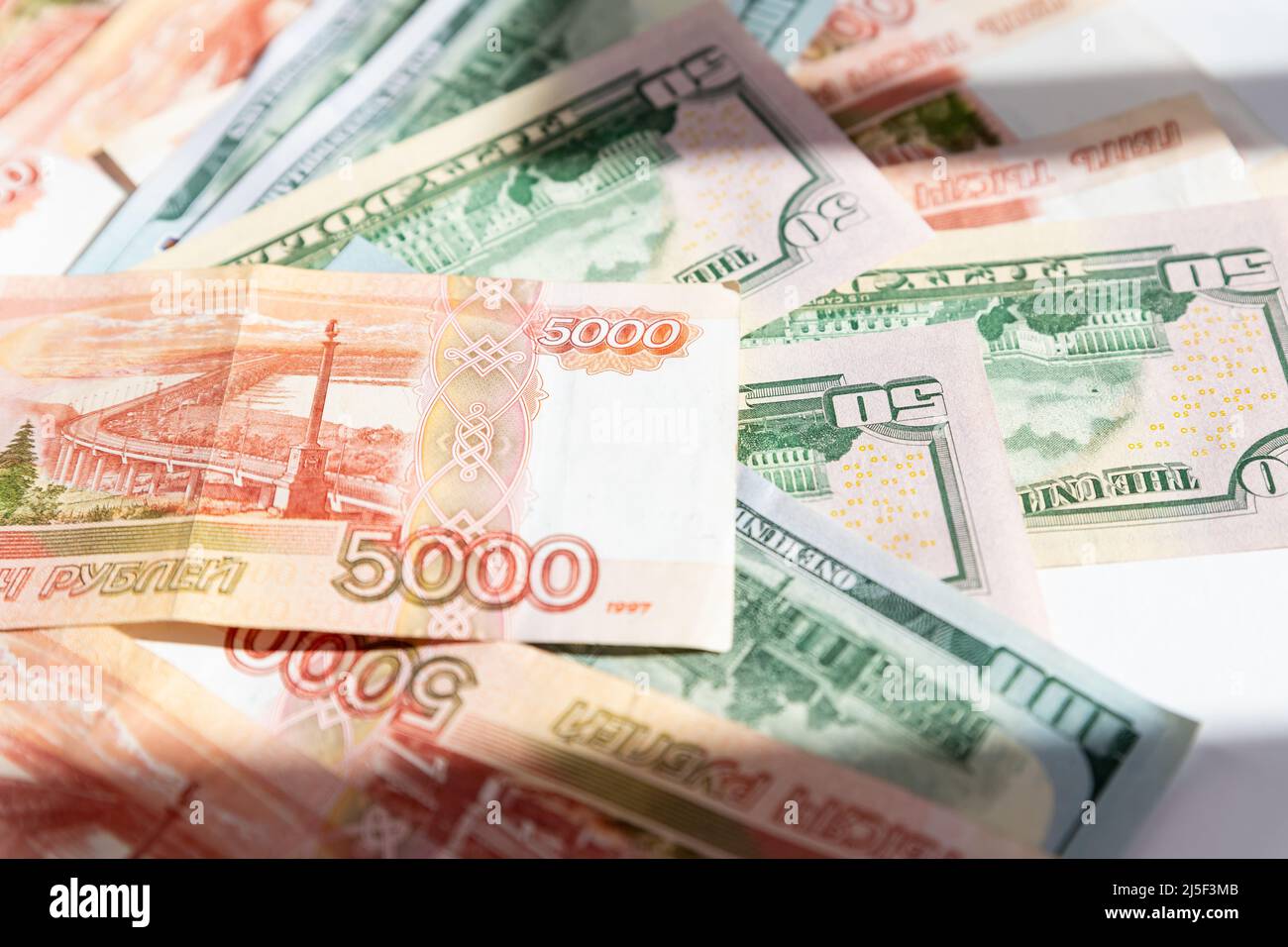 Different money in banknotes of 100 euro, 100 dollars and Russian ruble ...