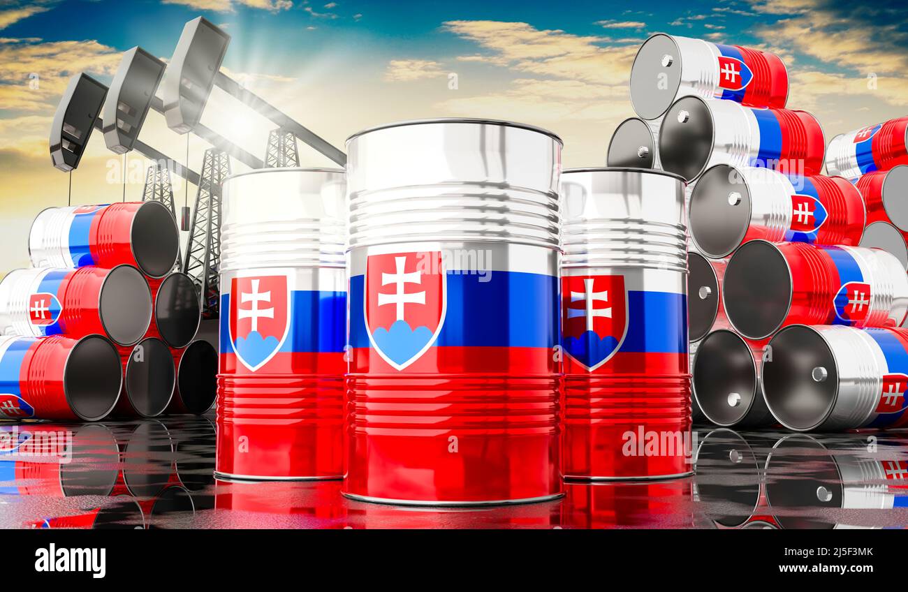 Oil barrels with flag of Slovakia and oil extraction wells - 3D ...