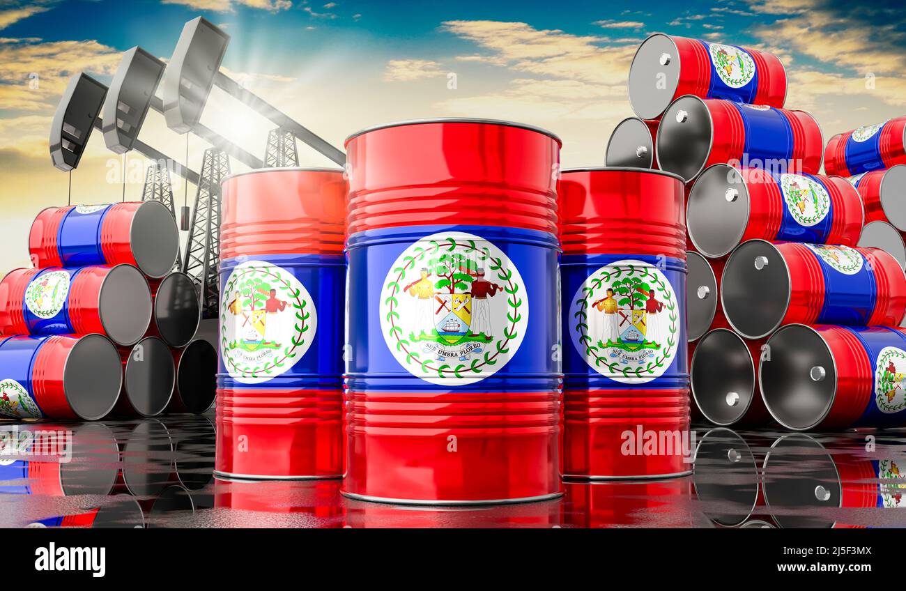 Oil barrels with flag of Belize and oil extraction wells - 3D ...