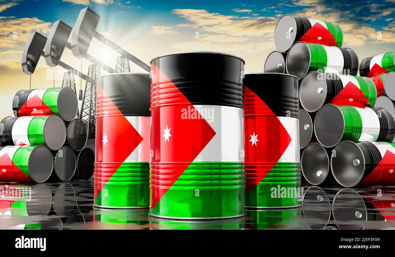 Oil barrels with flag of Jordan and oil extraction wells - 3D ...