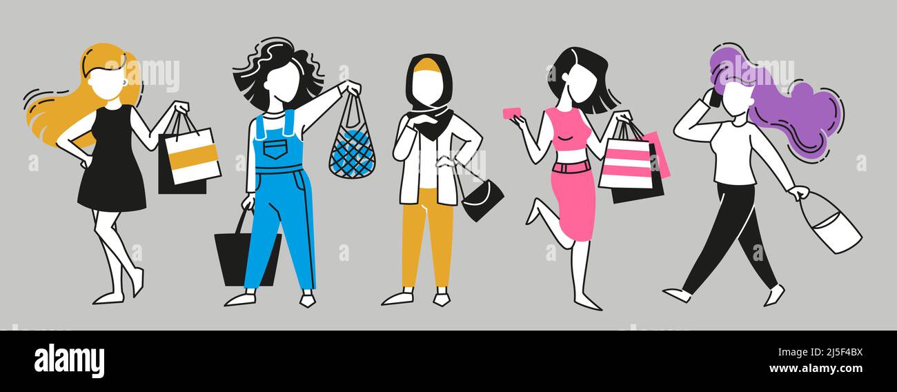 Busy women shopping, Vector illustration. Different nationalities woman ...