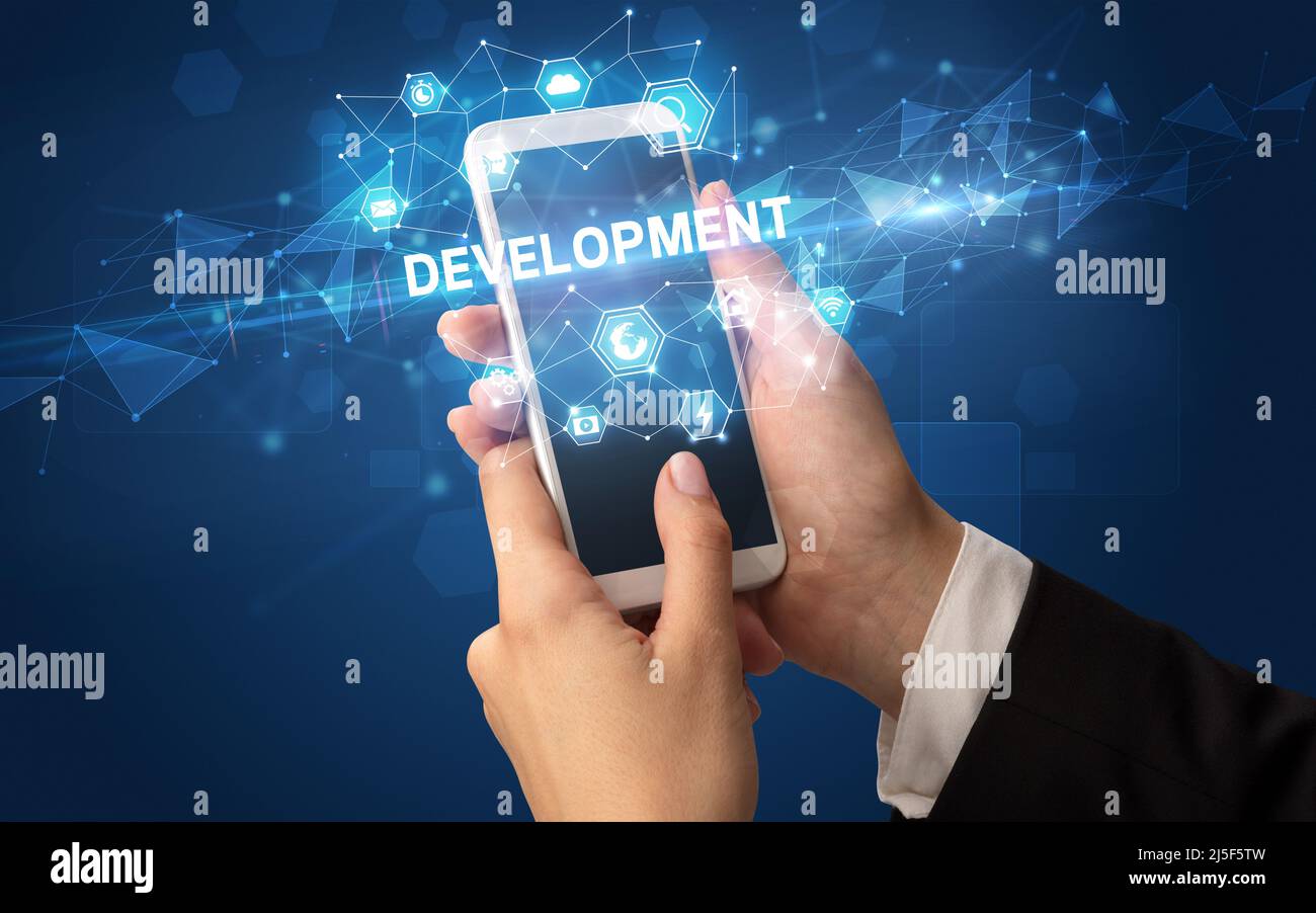 Hand using smartphone with technology concept Stock Photo - Alamy