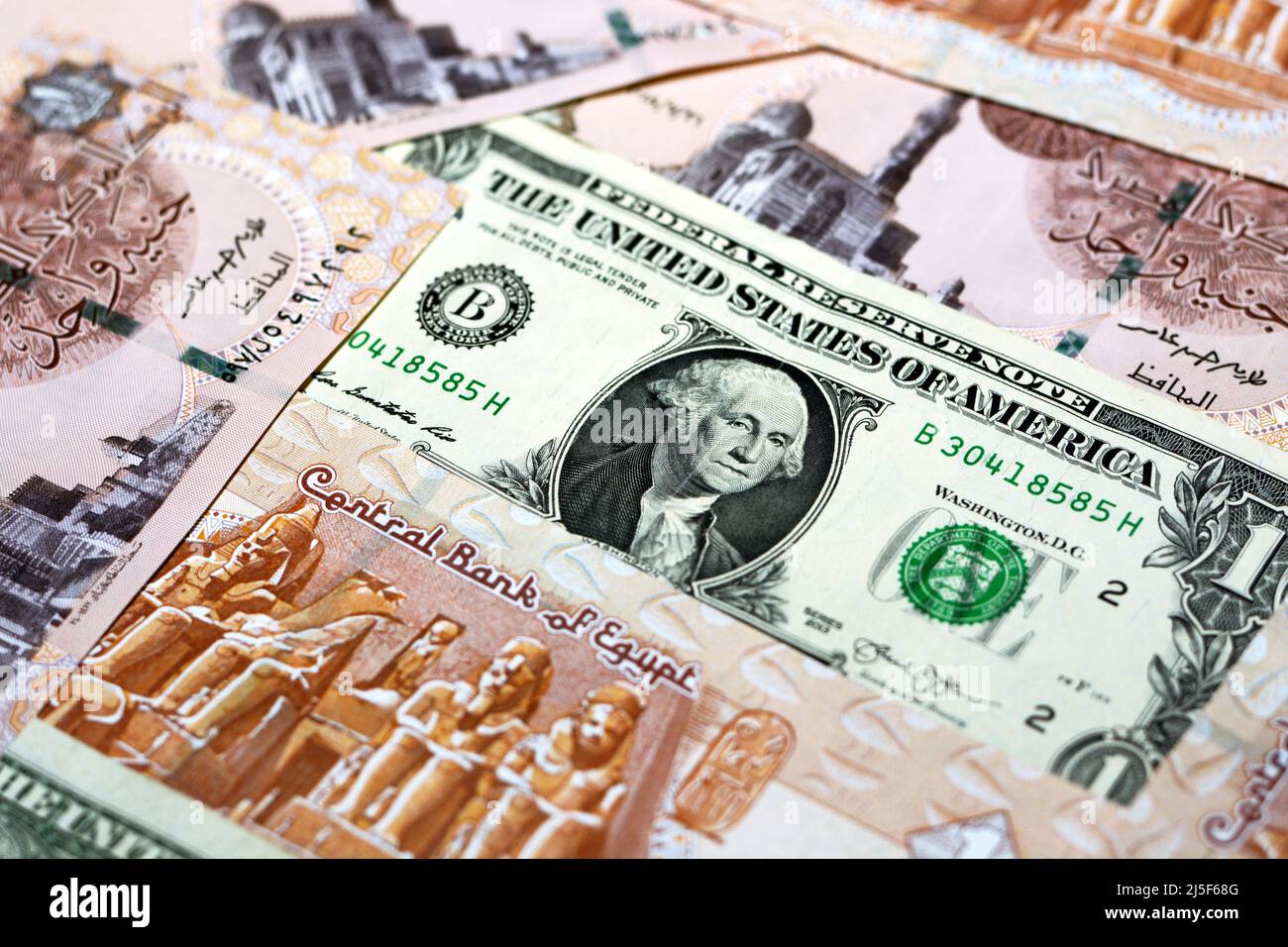 Pile of 1 LE one Egyptian pound money banknote features Abu Simbel ...