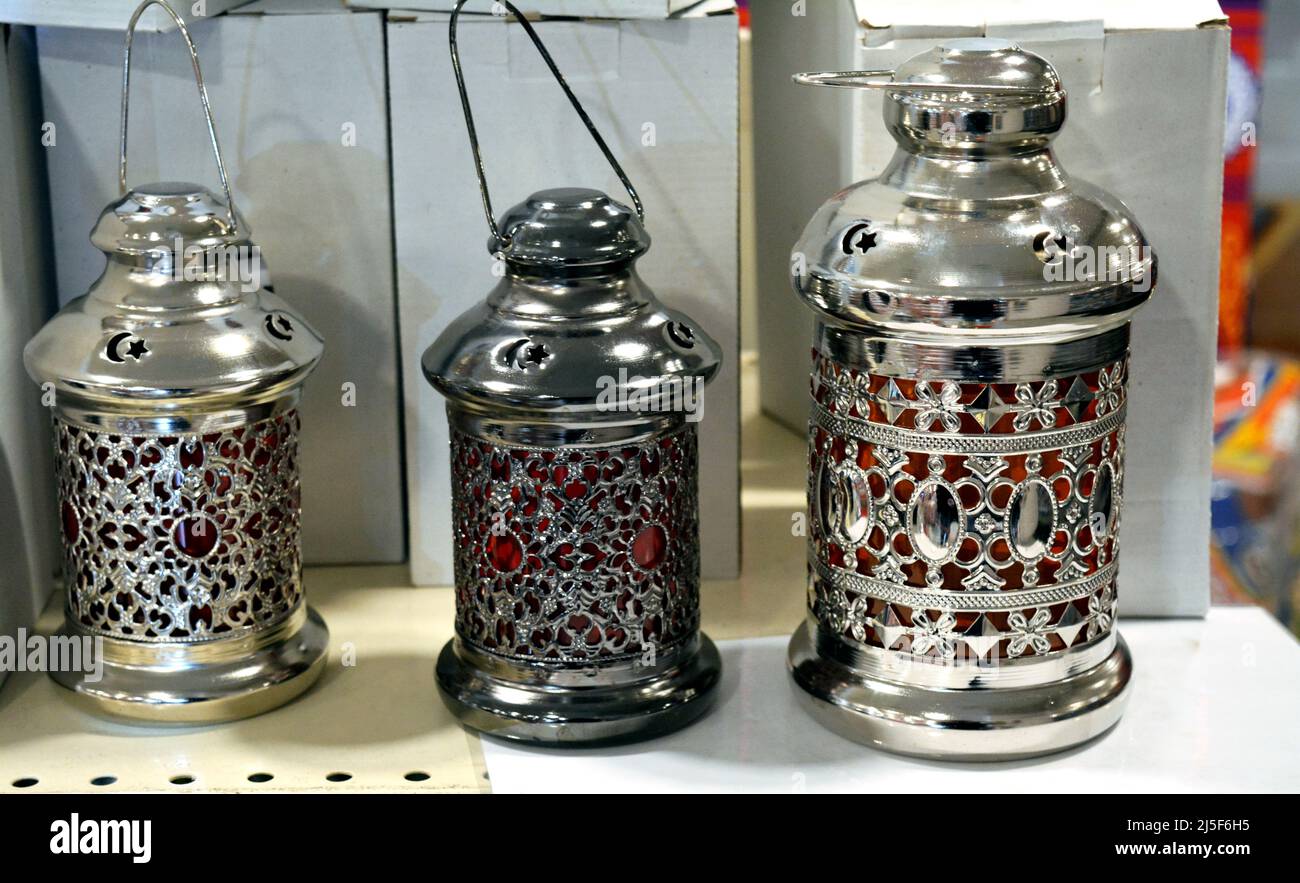 Metal silver Islamic Ramadan lanterns spotted with red color in ...