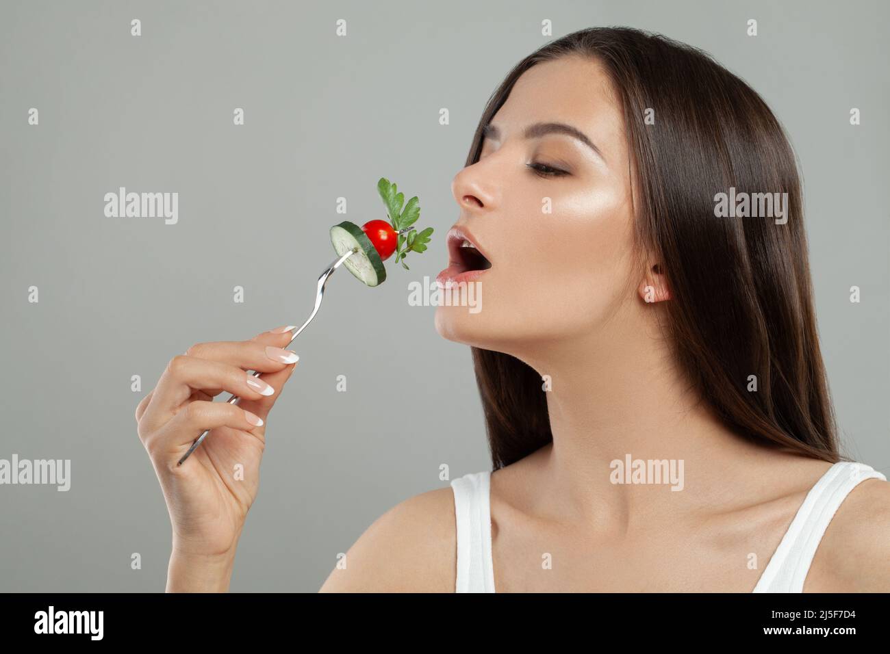 Healthy Eating. Closeup Portrait Of Young Vegetarian Woman Eating Fresh ...
