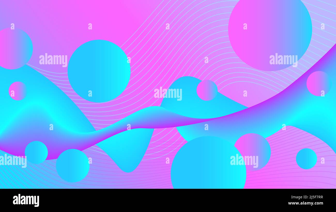 Neon cyan 3D fluid, flying spheres, magenta background. Flowing liquid ...