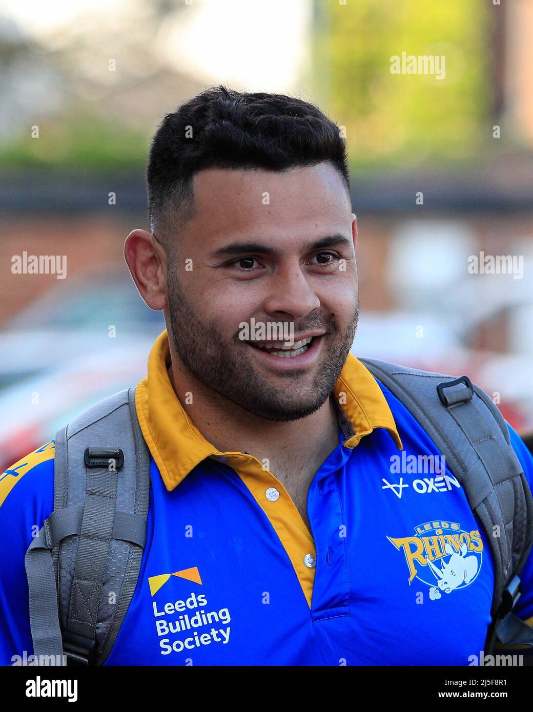 Leeds, UK. 22nd Apr, 2022. Rhyse Martin (12) of Leeds Rhinos arrives at ...