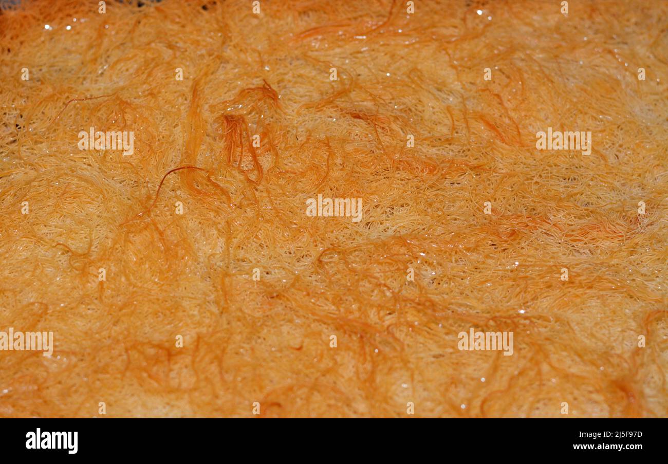 A traditional middle eastern dessert Knafeh made with spun pastry ...