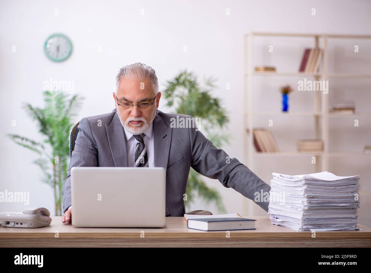 Old businessman employee and too much work at workplace Stock Photo - Alamy
