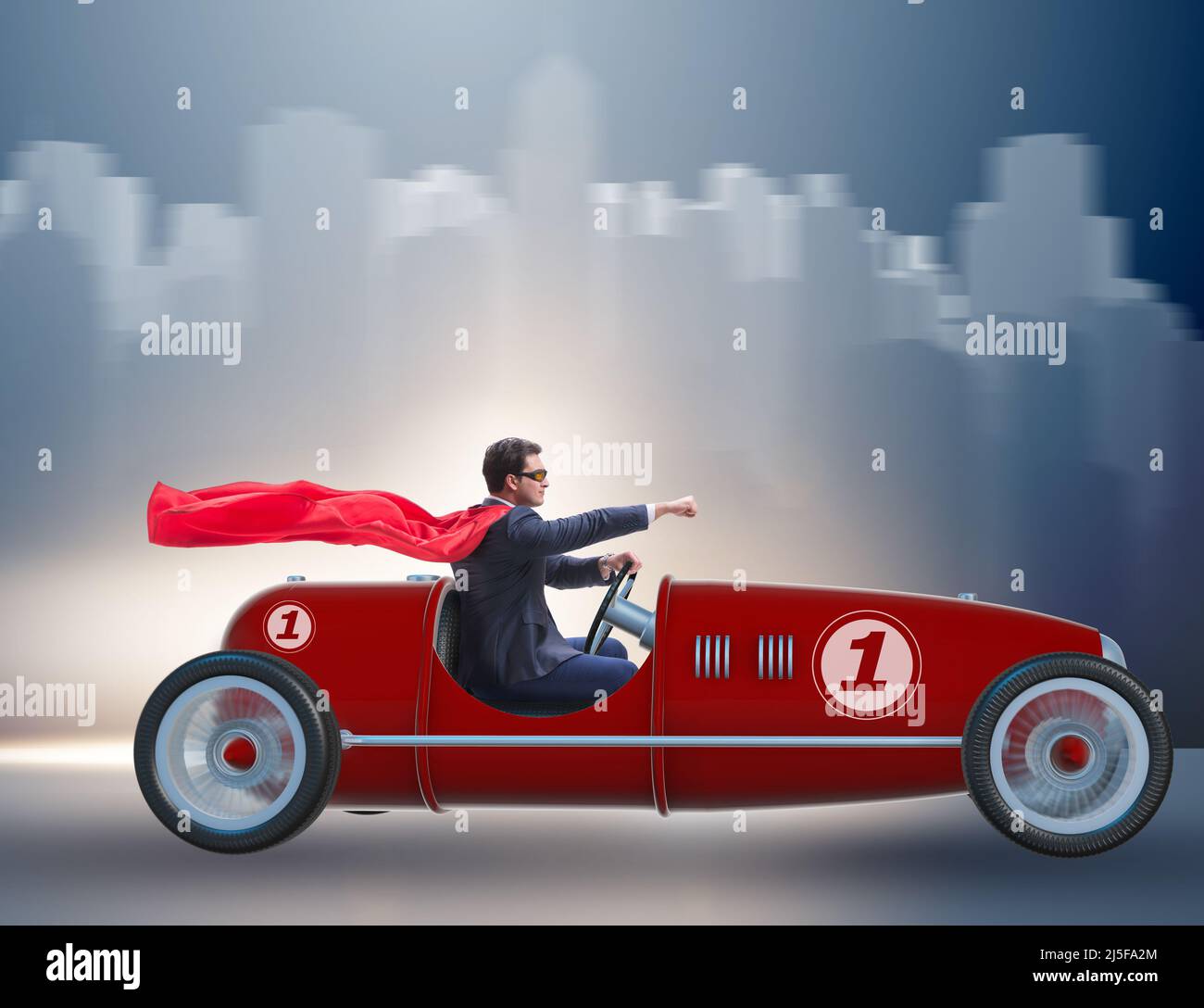 The superhero businessman driving vintage roadster Stock Photo - Alamy