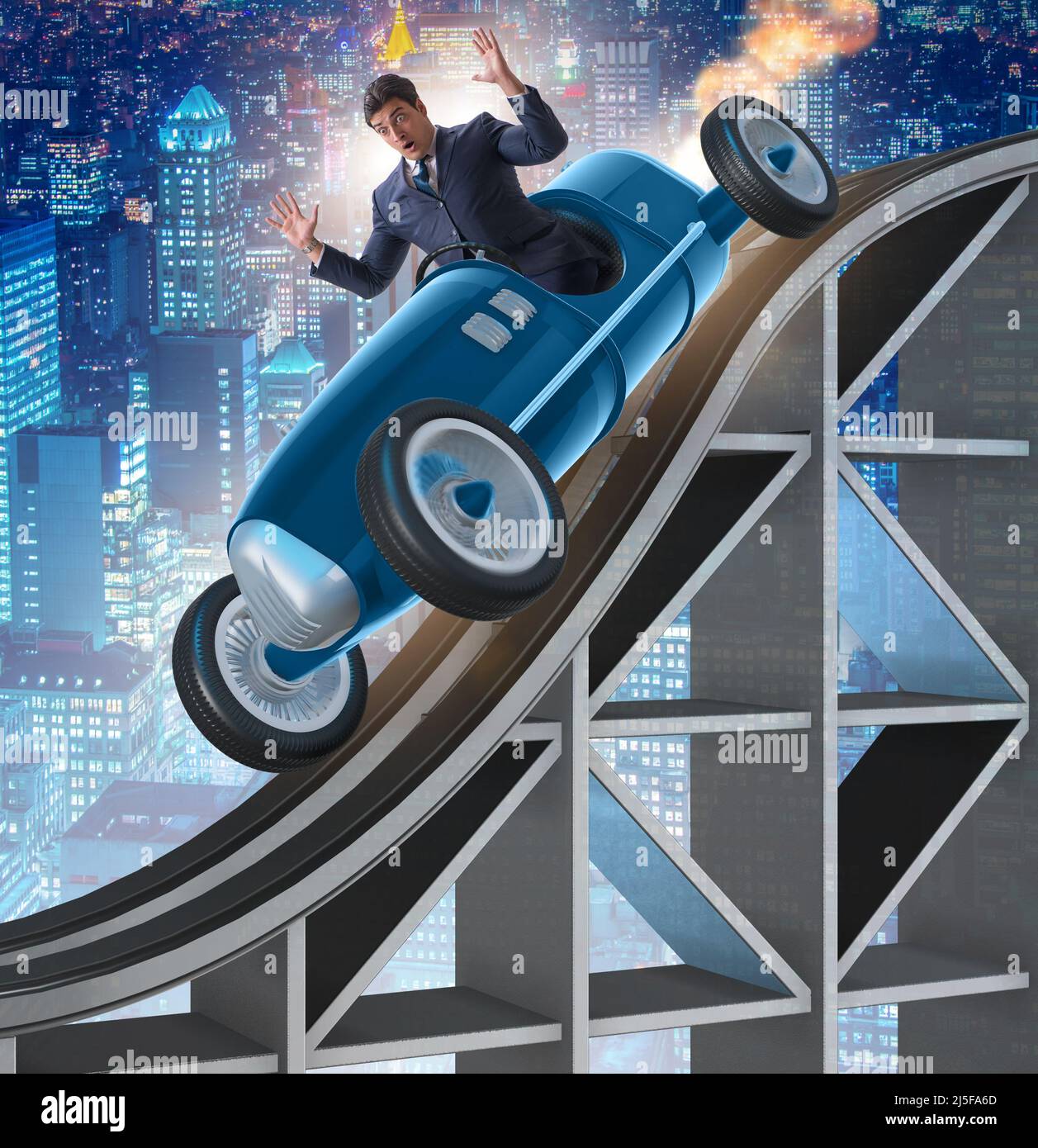 The businessman driving sports car on roller coaster Stock Photo - Alamy
