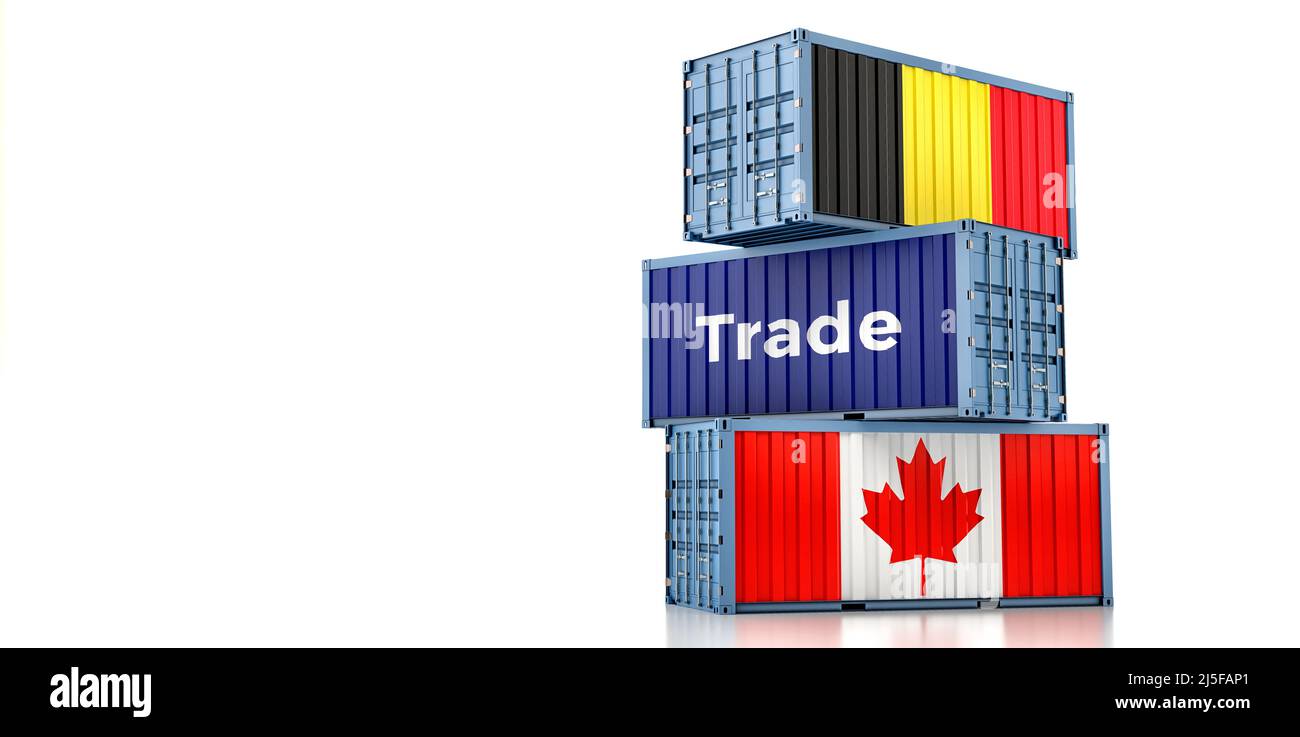 Cargo containers with Canada and Belgien national flags. 3D Rendering ...