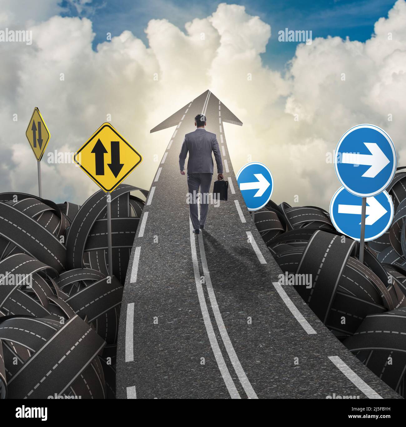 Businessman in uncertainty concept on road intersection crossroads ...