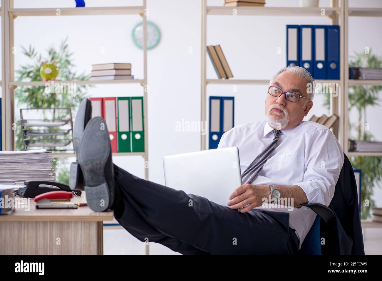 Old businessman employee and too much work in the office Stock Photo ...
