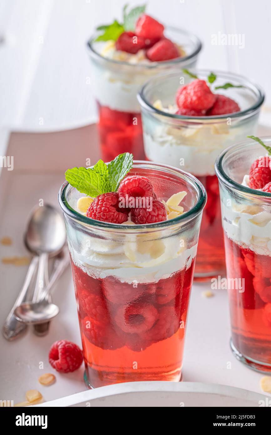 Homemade red jelly made of gelatin and red fruits. Red jelly with ...