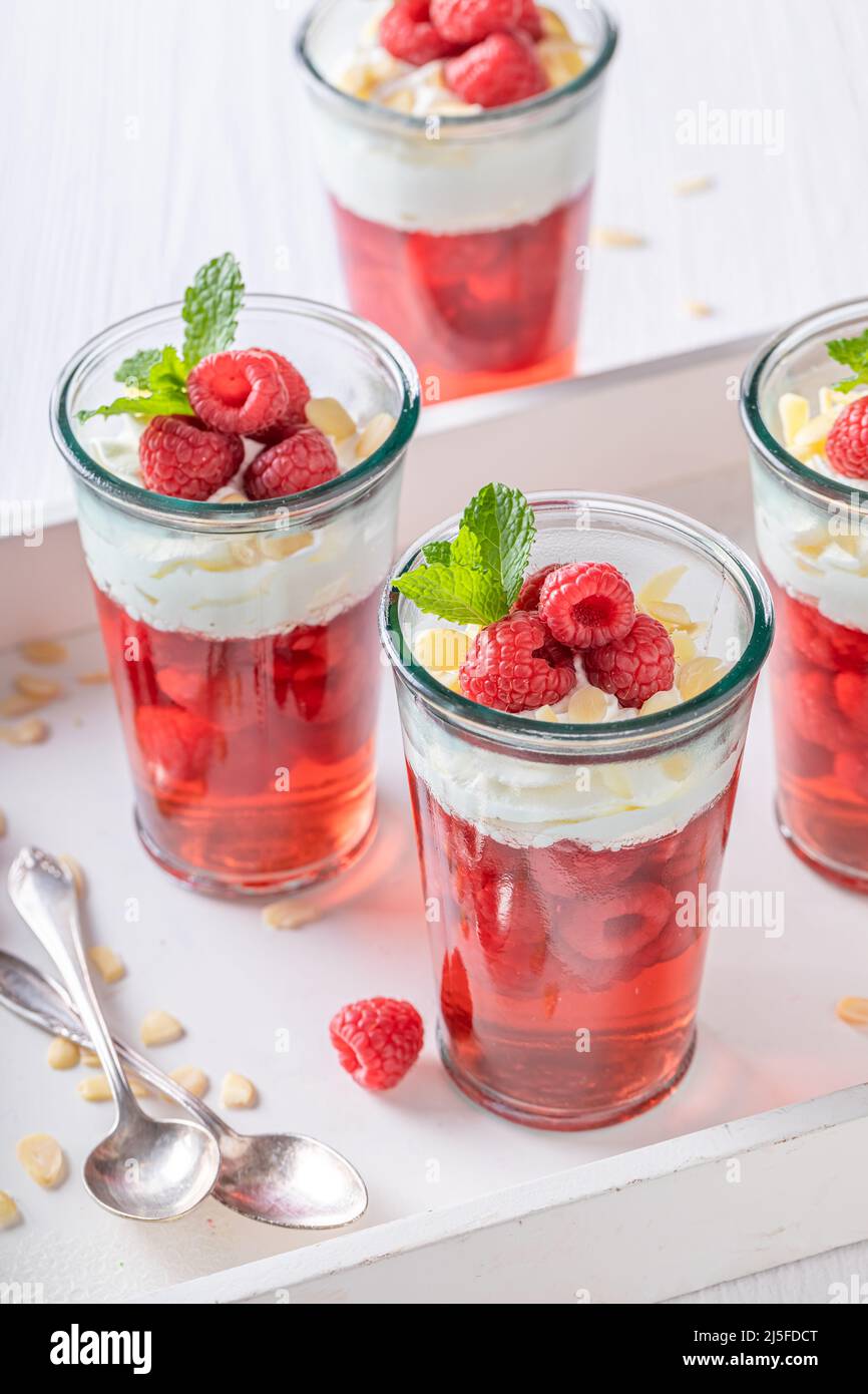 Homemade Red Jelly Served In Glass With Raspberries Jelly With Whipped Cream And Fruits Stock