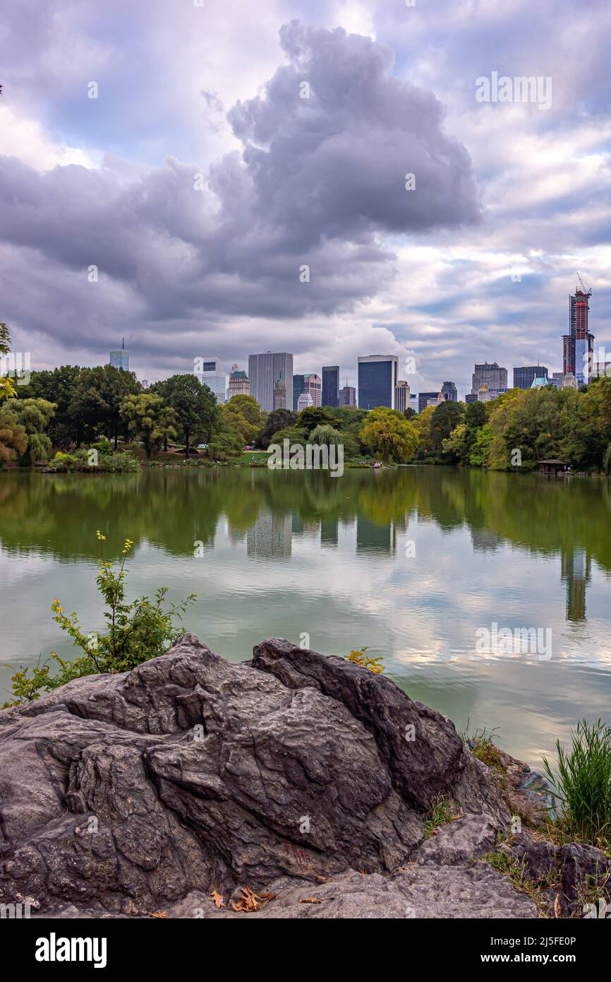 Spring in Central Park, New York City on the lake with clouds Stock ...