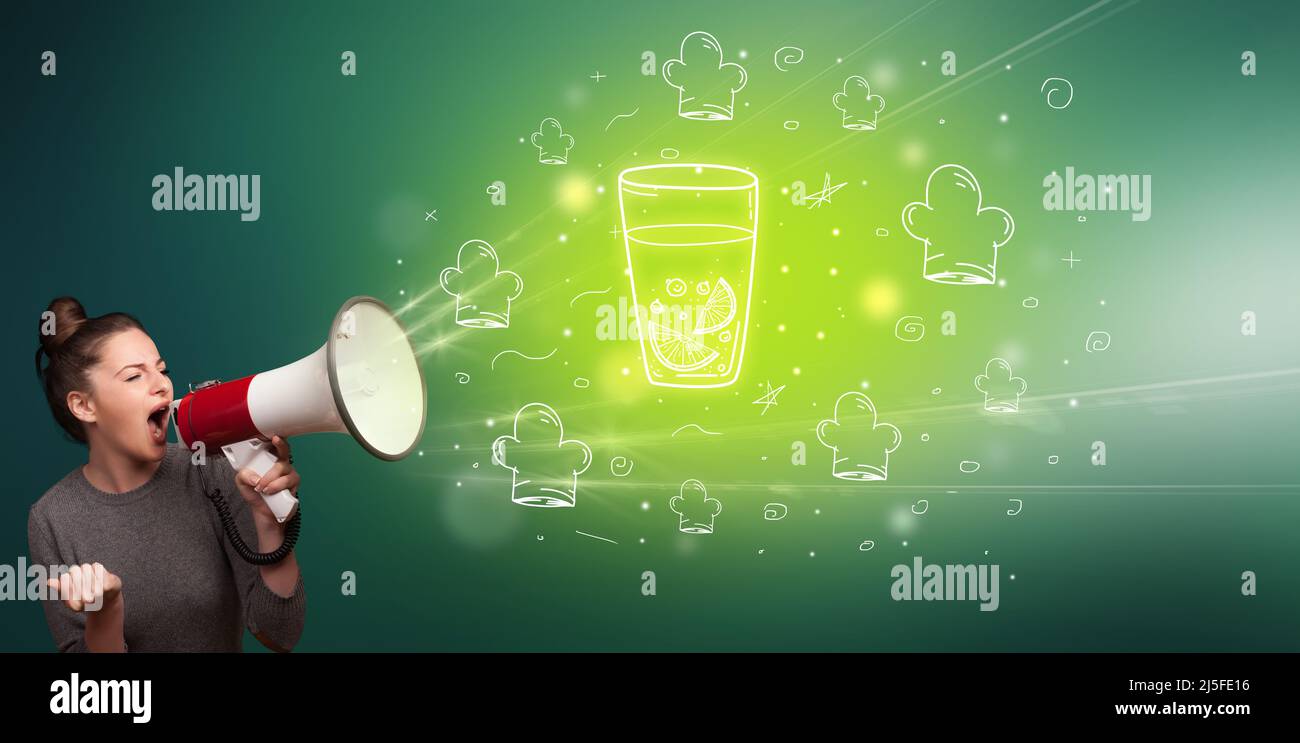 Young person with megaphone and healthy food icon Stock Photo - Alamy