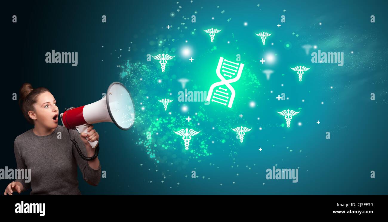 Young person with megaphone and healthcare icon Stock Photo - Alamy Young person with megaphone and healthcare icon Stock Photo - Alamy