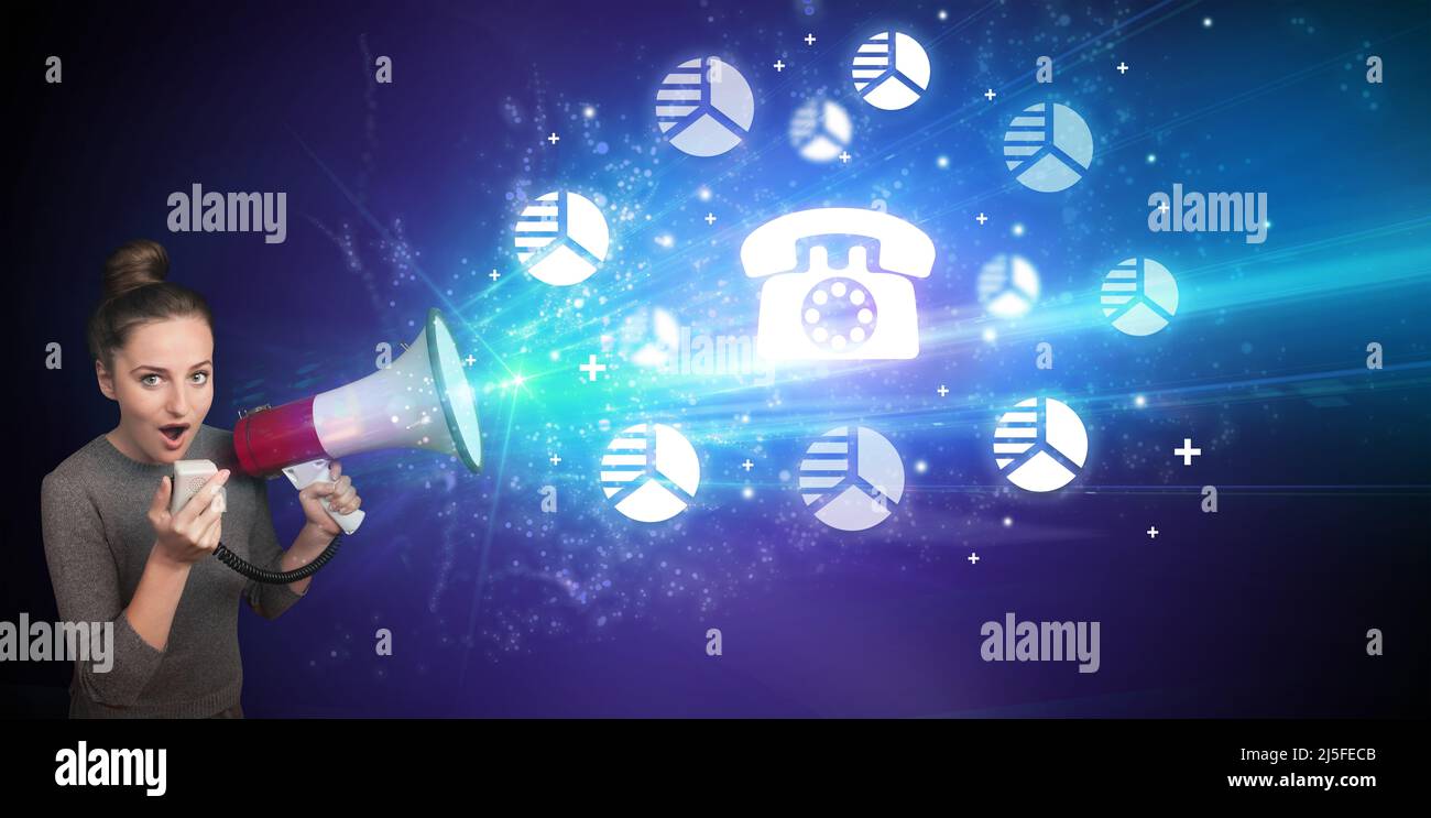 Young person with megaphone and business icon Stock Photo - Alamy