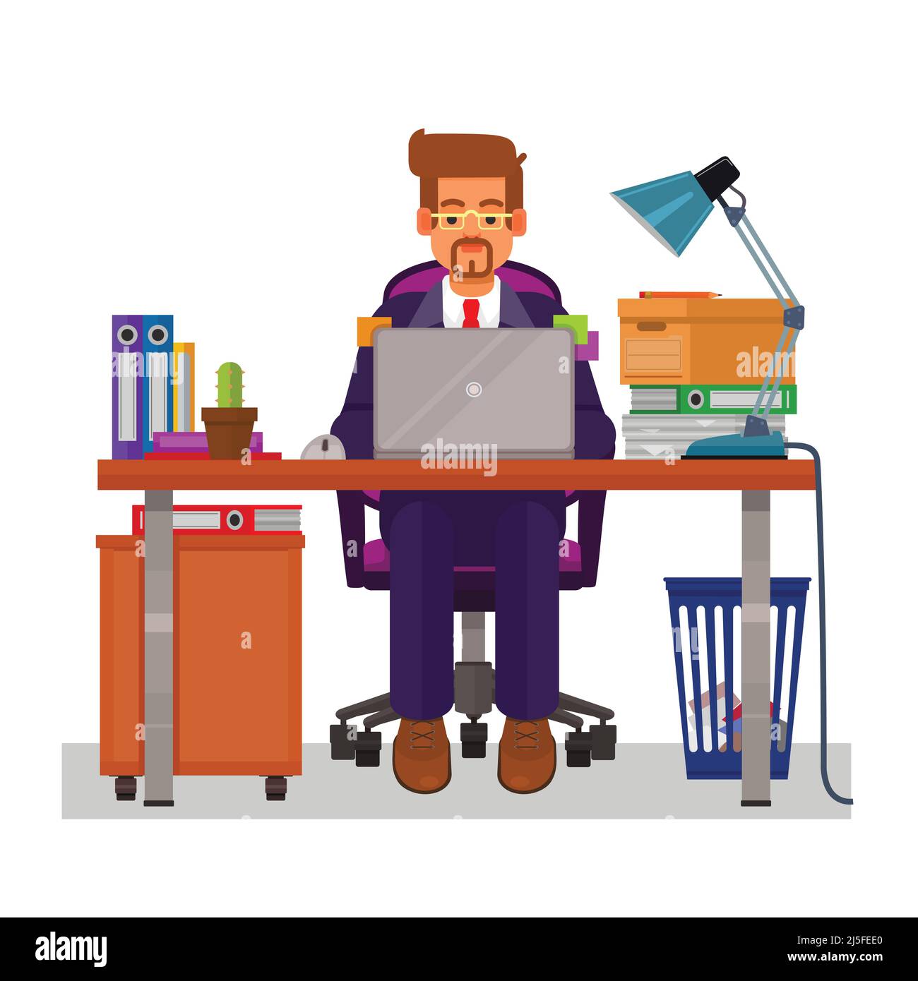 Vector flat illustration of a man working on the computer at a table ...