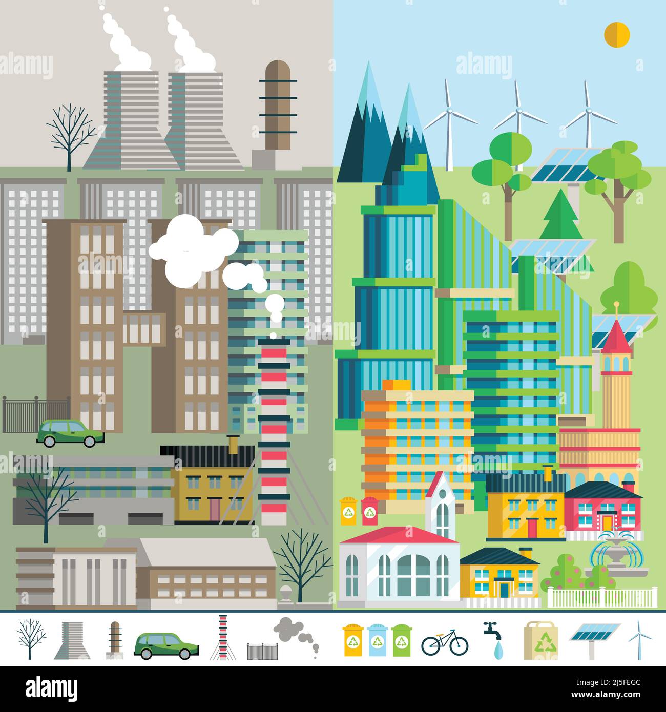 Vector illustration of urban landscape, environment, ecology, elements ...