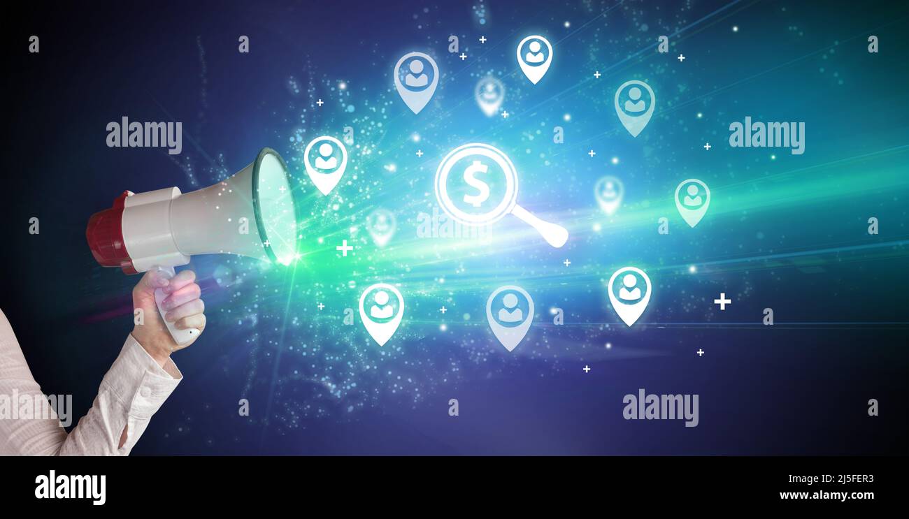 Young person with megaphone and business icon Stock Photo - Alamy