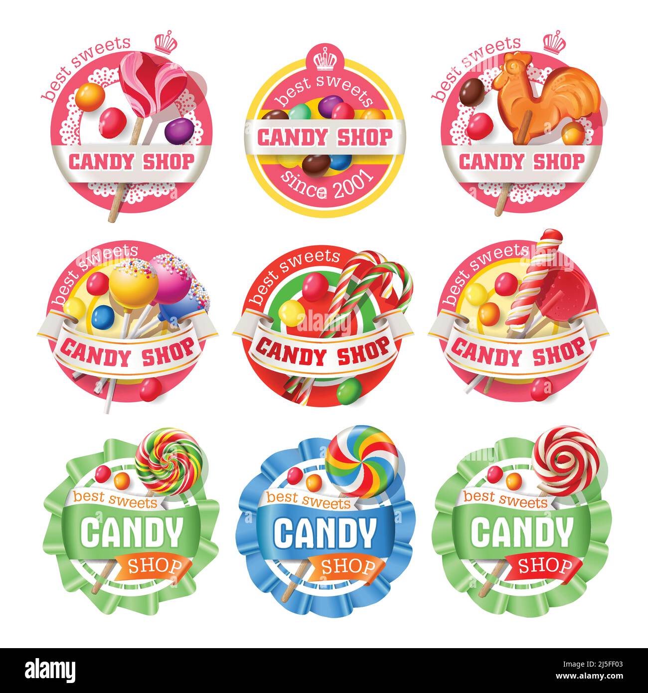 Vector set of lollipop, candy logos, stickers, made in a realistic ...