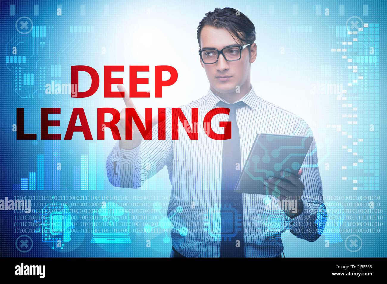 Deep learning concept with the businessman pressing button Stock Photo ...