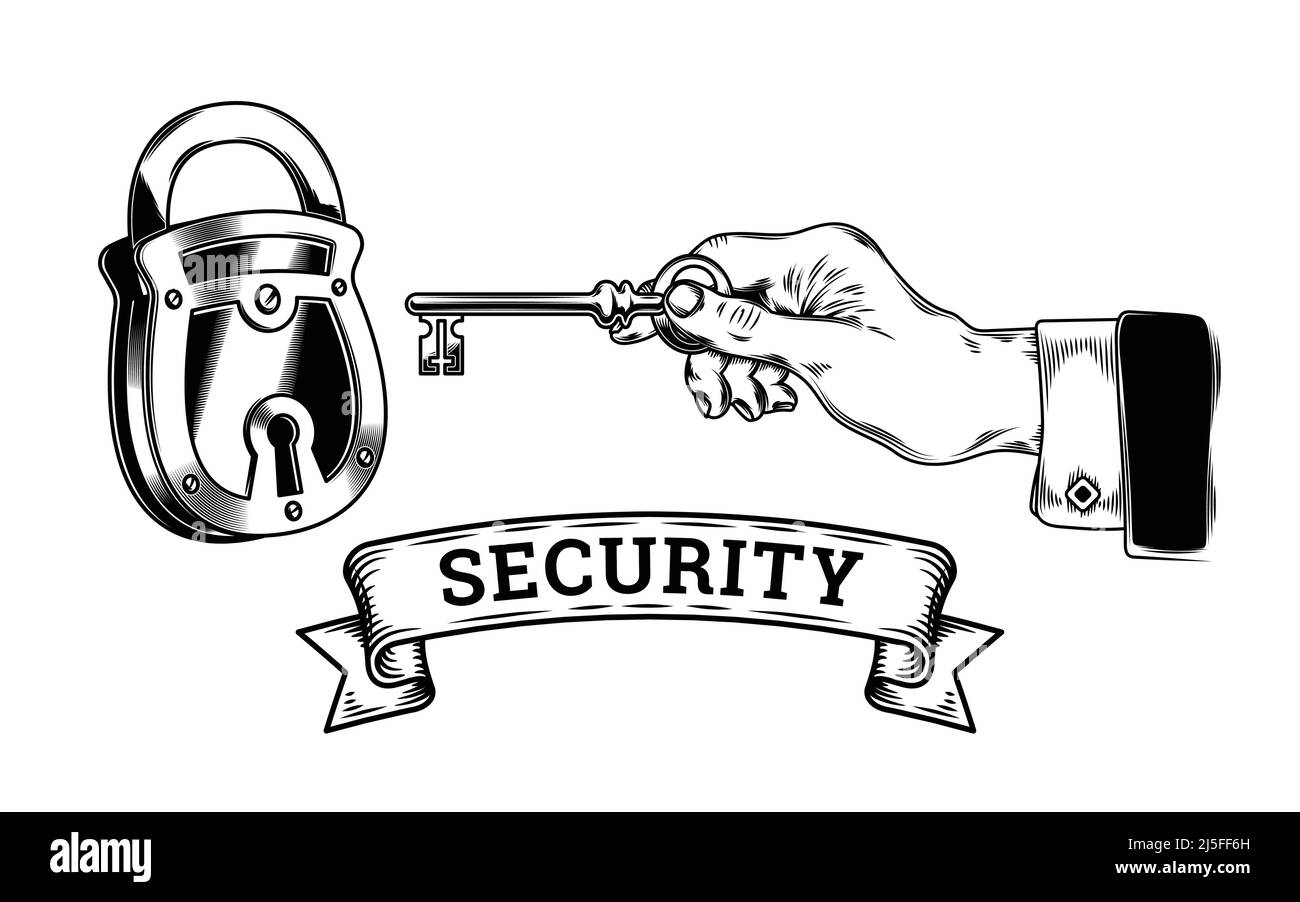 Vector illustration of the concept of security - hand with key opens ...