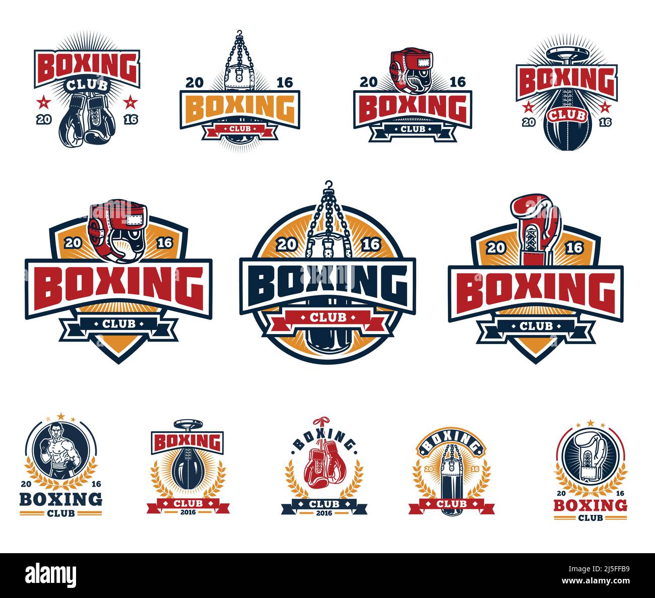 Set of vector boxing emblems, badges, stickers isolated on white Stock ...